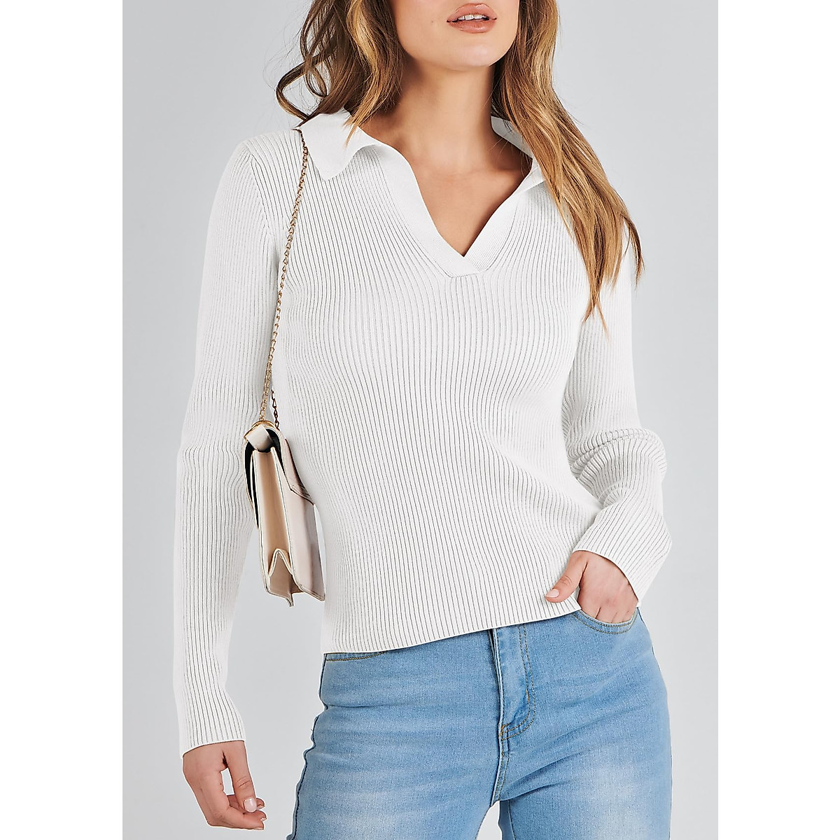 ANRABESS Women's 2024 Fall V Neck Shirts Long Sleeve Ribbed Knit Sweater Lapel Slim Fitted Casual Basic Tee Tops White Small