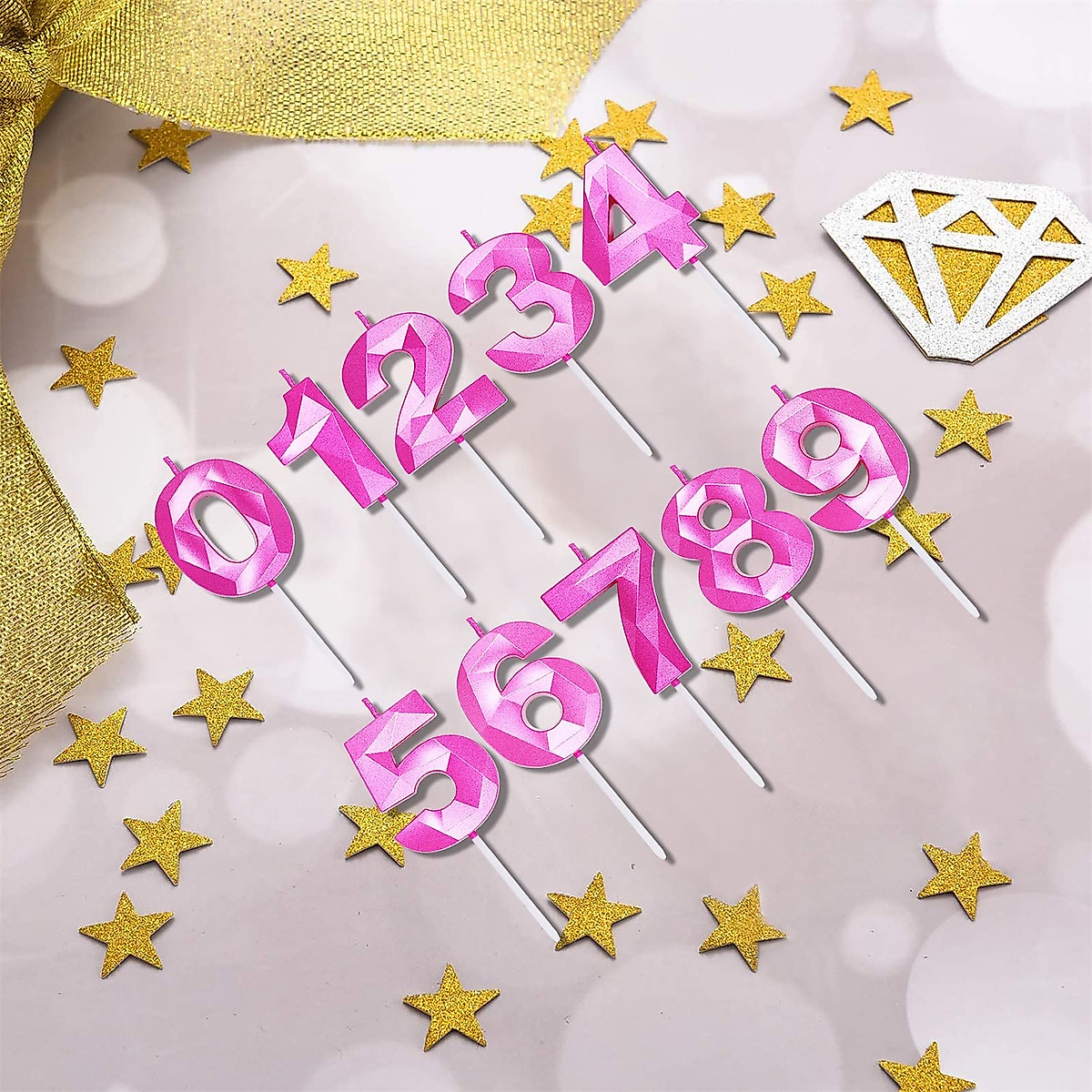 Pink Number 4 Candles and Star Heart Candles 2.76 inch Number Candles for Birthday Cakes 3D Diamond Shaped for Cake Decorations(Pink Candle 4)