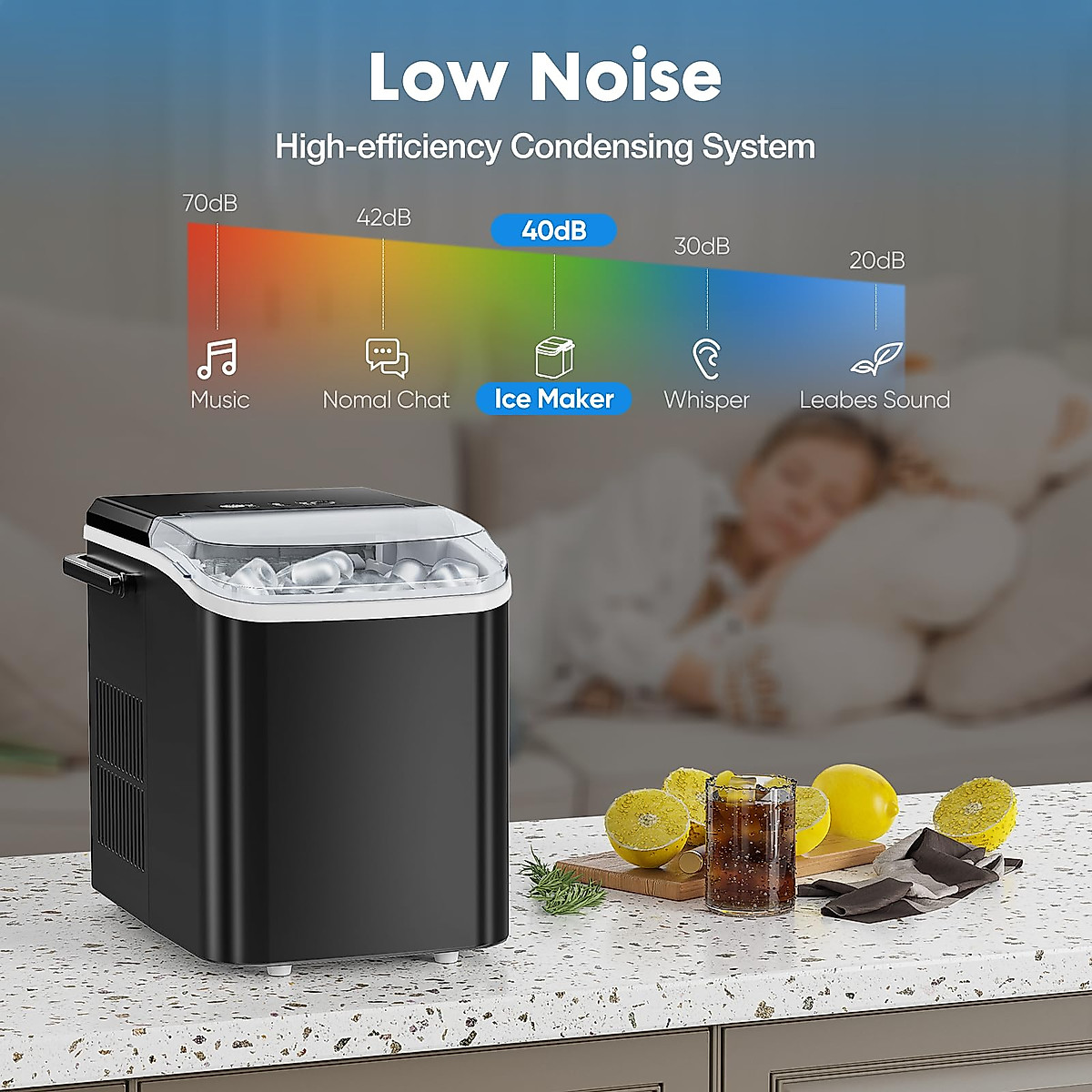 DUMOS Ice Maker Countertop Ice Machine Compact Size with Handle, 26lbs in 24Hrs, 9 Bullet Ice Cubes in 6 Mins, Self-Cleaning Function, Portable for Home, Kitchen, RV, Camping, Quiet Operation, Black