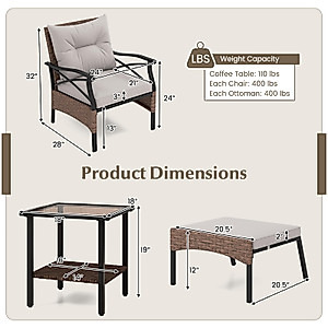 Tangkula 5 Pieces Wicker Patio Furniture Set, Outdoor Rattan Chairs with Ottomans, Cushions and 2-Tier Tempered Glass Side Table, Patio Conversation Bistro Set for Garden, Porch, Balcony