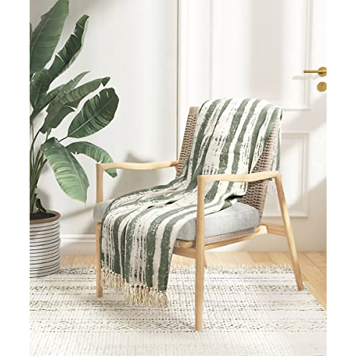 Godimerhea Green Throw Blanket Cotton White Boho Striped Decorative Blankets for Couch Sofa Bed, Soft Cozy Knit with Tassel, Rustic Shabby Chic, 50" x 60"