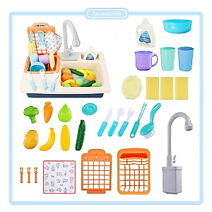 BOBXIN Play Sink with Running Water, Kids Play Kitchen Toy Sink Electric Dishwasher, Pretend Role Play Kitchen Toys Set with Upgraded Working Faucet and Dishes Playset for Girls, Toddler and Boys