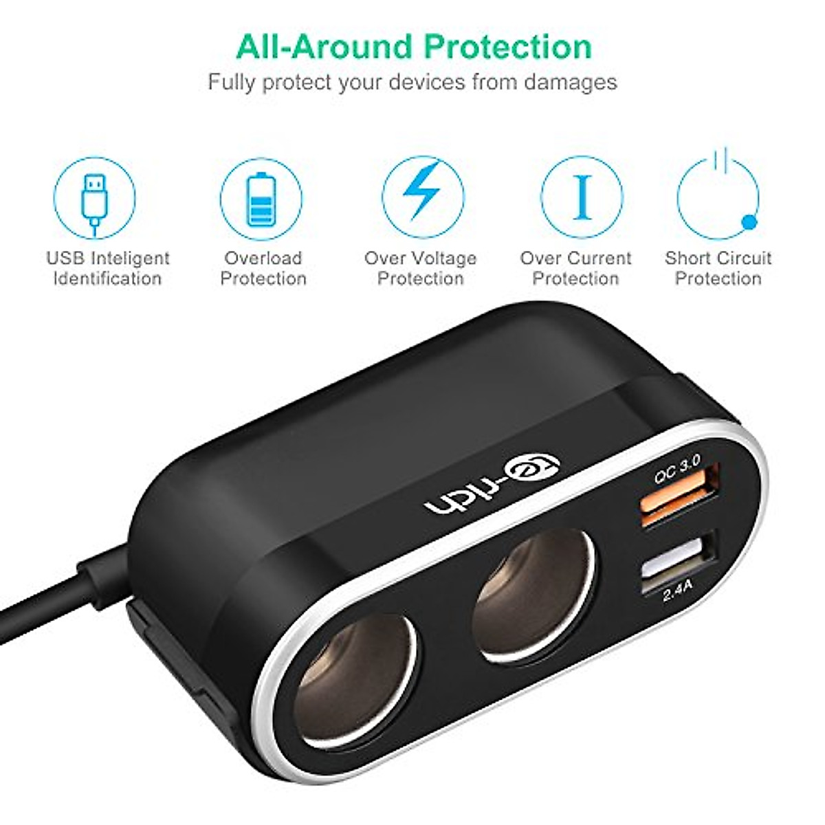 Car Socket Splitter, Te-Rich 96W 2-Way Auto Cigarette Lighter Splitter Power Adapter 12V/24V DC Outlet Extender 5.4A (Quick Charge 3.0 + 2.4A) Dual USB Charger for iPhones and Samsung Galaxy