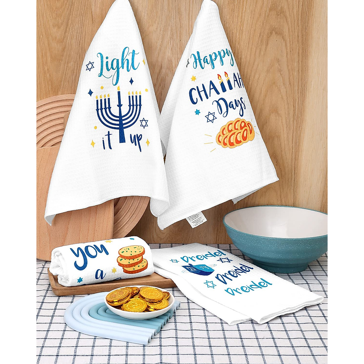 Vansolinne Hanukkah Kitchen Towels Chanukah Dish Towels Decorative Waffle Tea Towels Set of 4 - Fun Hostess Kitchen Decor Hanukkah Decorations, Housewarming Presents