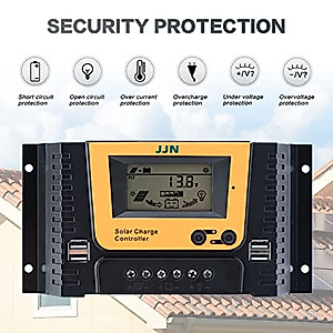 JJN 30A Solar Charge Controller 12V/24V/36V/48V Solar Panel Regulator with Adjustable LCD Display Dual USB Port Timer Setting PWM Auto Parameter