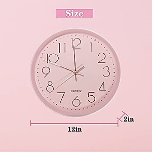 JUSTUP Round Wall Clock, 12 Inch Pink Large Wall Clock for Bedroom, Quality Quartz Modern Silent Clock with Battery Operated, Arabic Quiet Wall Clock Decor for Home Kitchen Living Room Office (Pink)