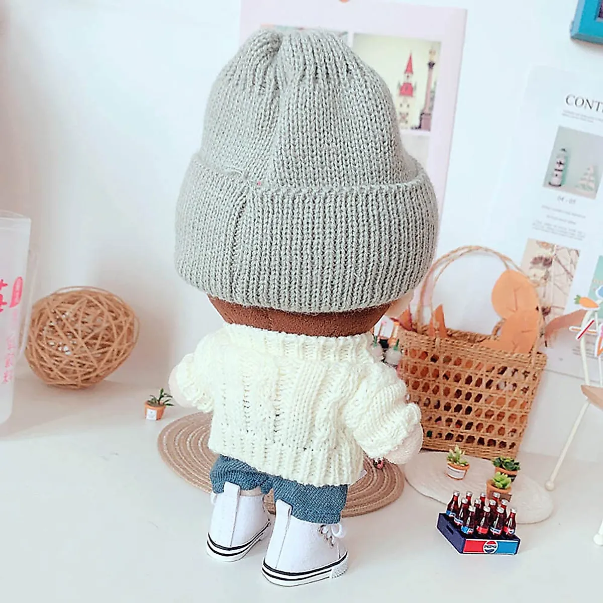 niannyyhouse Doll Clothes Suit 7.8in/20cm Plush Doll Clothes Hat + Sweater + Shorts 3-Piece Set Doll Dressup Square Face Hat Denim Shorts White Sweater (Blue)