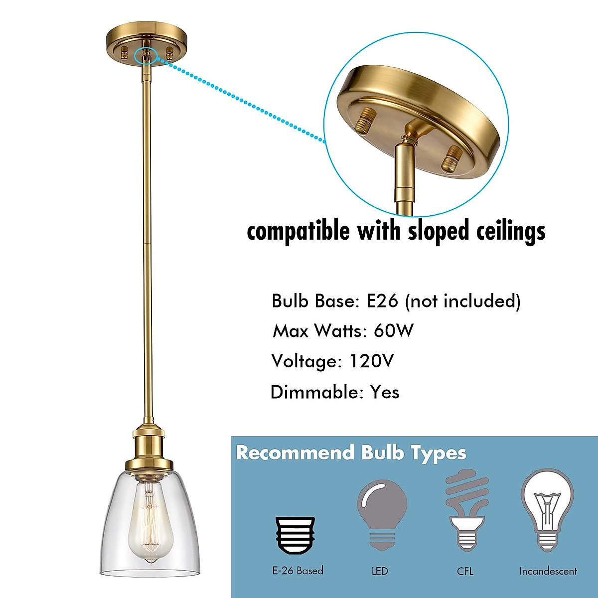 CLAXY Glass Pendant Lights Kitchen Island Mini Pendant Lighting Bell Shade Adjustable Rod Hanging Pendant Light Fixture Gold