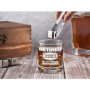 2023 Retirement Gifts for Men, Funny Retired 2023 Not My Problem Any More Whiskey Glass Wooden Gift Boxed Set, Happy Retirement Gifts for Boss, Office Coworkers, Dad, Husband, Brother, Friends