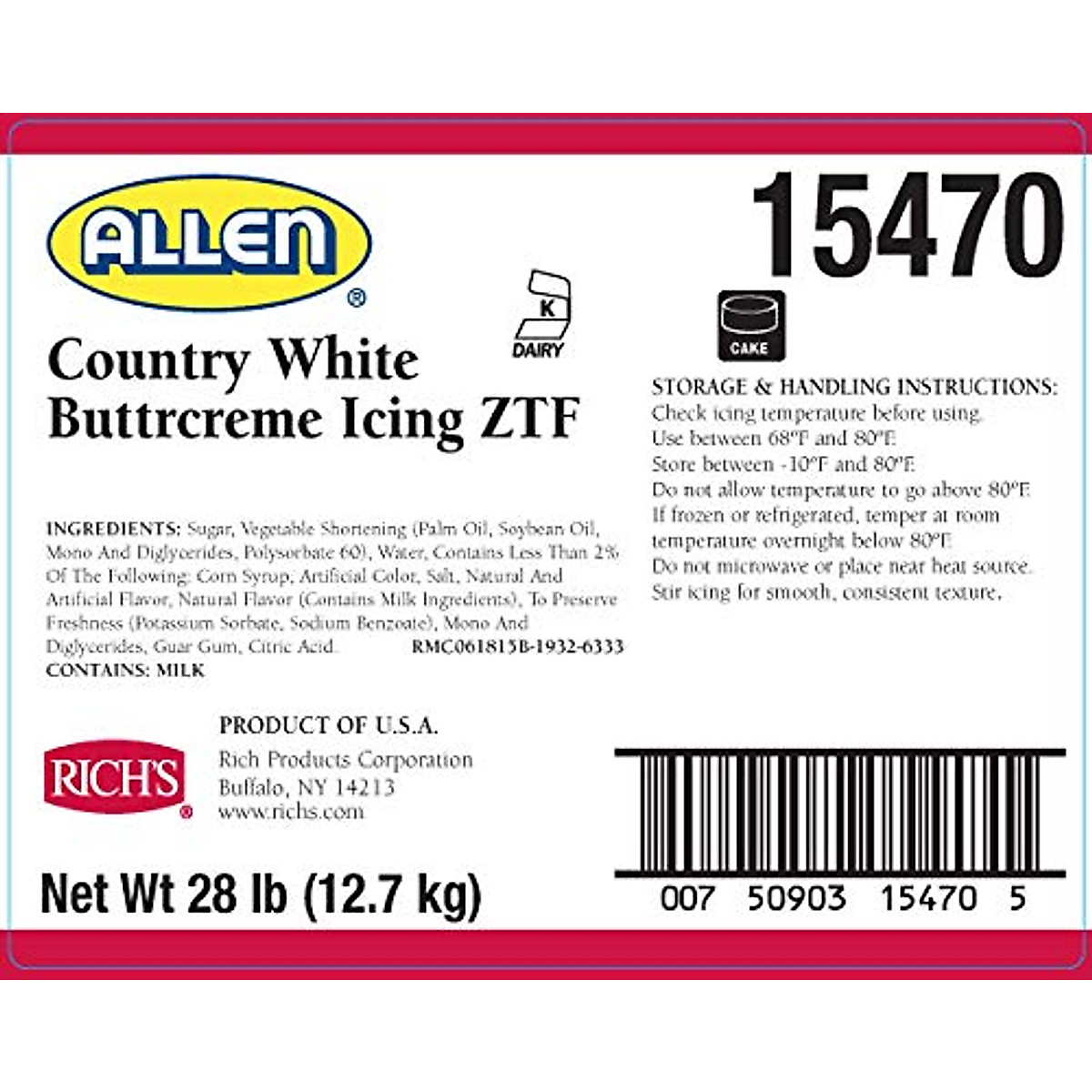 Rich's Allen Country White Buttercream Icing ZTF, 28 Pound (Pack of 1)