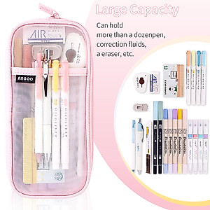 EASTHILL Grid Mesh Pen Pencil Case with Zipper Clear Makeup Color Pouch Cosmetics Bag Multi-Purpose Travel School Teen Girls and Boys Transparent Stationary Bag Office Organizer Box for Adluts(Pink)