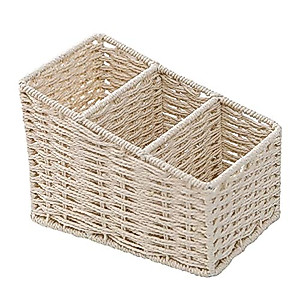 DOITOOL Wicker Storage Basket with 3- Compartment Magazine Hyacinth Basket Weave Organizer Baskets Desktop Storage Box Sundries Container Desk Basket Bins for Bathroom Office