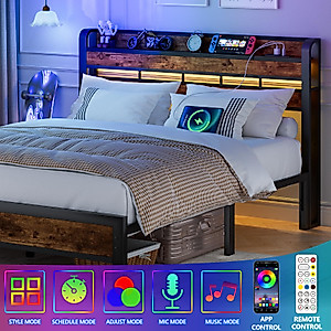 Furnulem Queen Headboard with Storage Shelf,Headboards with RGB LED Light,USB Port and Charging Station,Sturdy Metal Frame & Wood Shelf, Adjustable Height