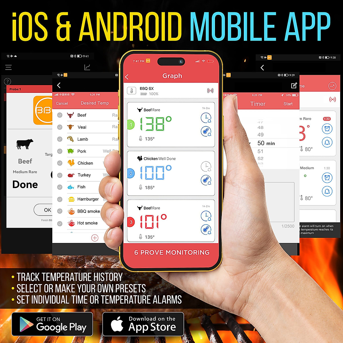 NutriChef Bluetooth Grill BBQ Meat Thermometer, 150 ft Wireless Digital Monitoring Timer & Alarm for Smoker, Oven