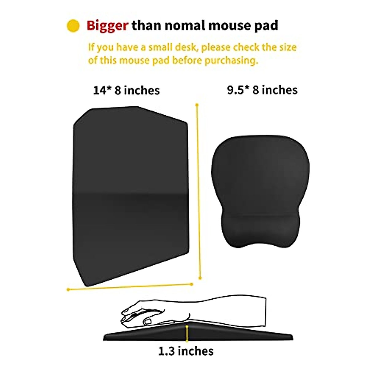 SOUNDANCE Ergonomic Mouse Pad with Wrist Rest Support, Thick Mousepad Relief Carpal Tunnel Pain, Entire Memory Foam with Non-Slip PU Gel Base for Computer Laptop Desktop Home Office, 14 x 8 Inch Black