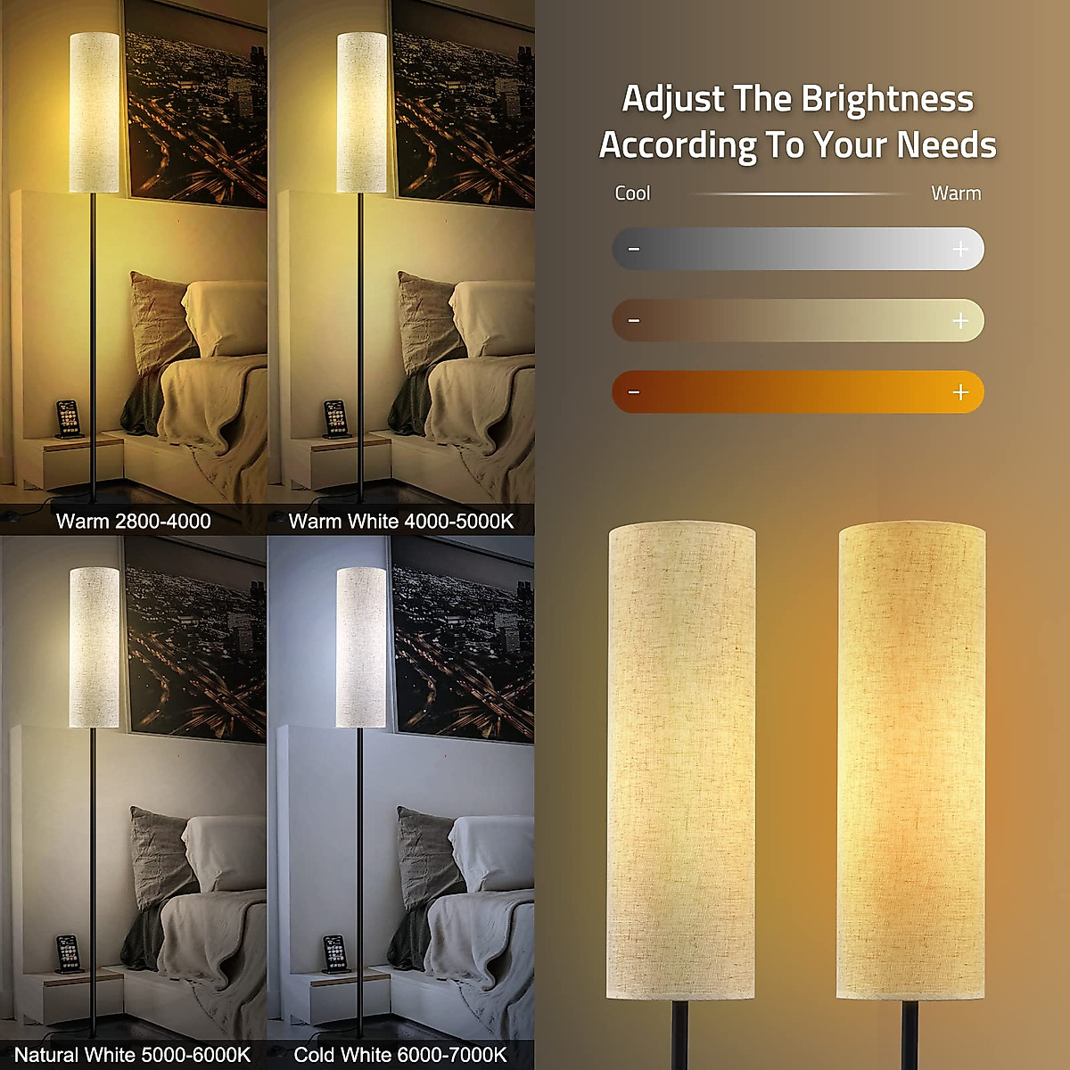 RGB Floor Lamp LED Smart: Standing Lamp Work with Alexa & Google Home | Tall Modern Bright Corner Lamps with Remote & WiFi APP for Living Room Bedroom Office Dorm, Simple Linen Lampshade Dimming Light