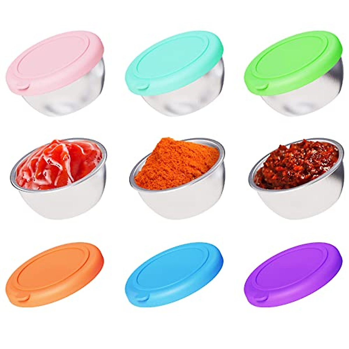 SOLMOONY 6x1.6oz Salad Dressing Container To Go,Reusable Sauce condiment containers with lids, 304 Stainless Steel Containers with Silicone Lid Easy Open, Leakproof Sauce Containers for Lunch Box