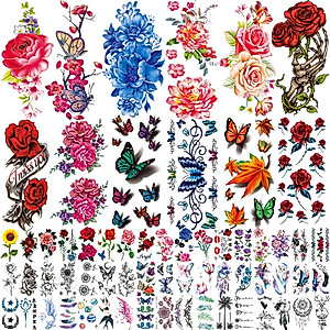 82 Sheets Flowers Temporary Tattoos Stickers, Roses, Butterflies and Multi-Colored Mixed Style Body Art Temporary Tattoos for Women, Girls or Kids
