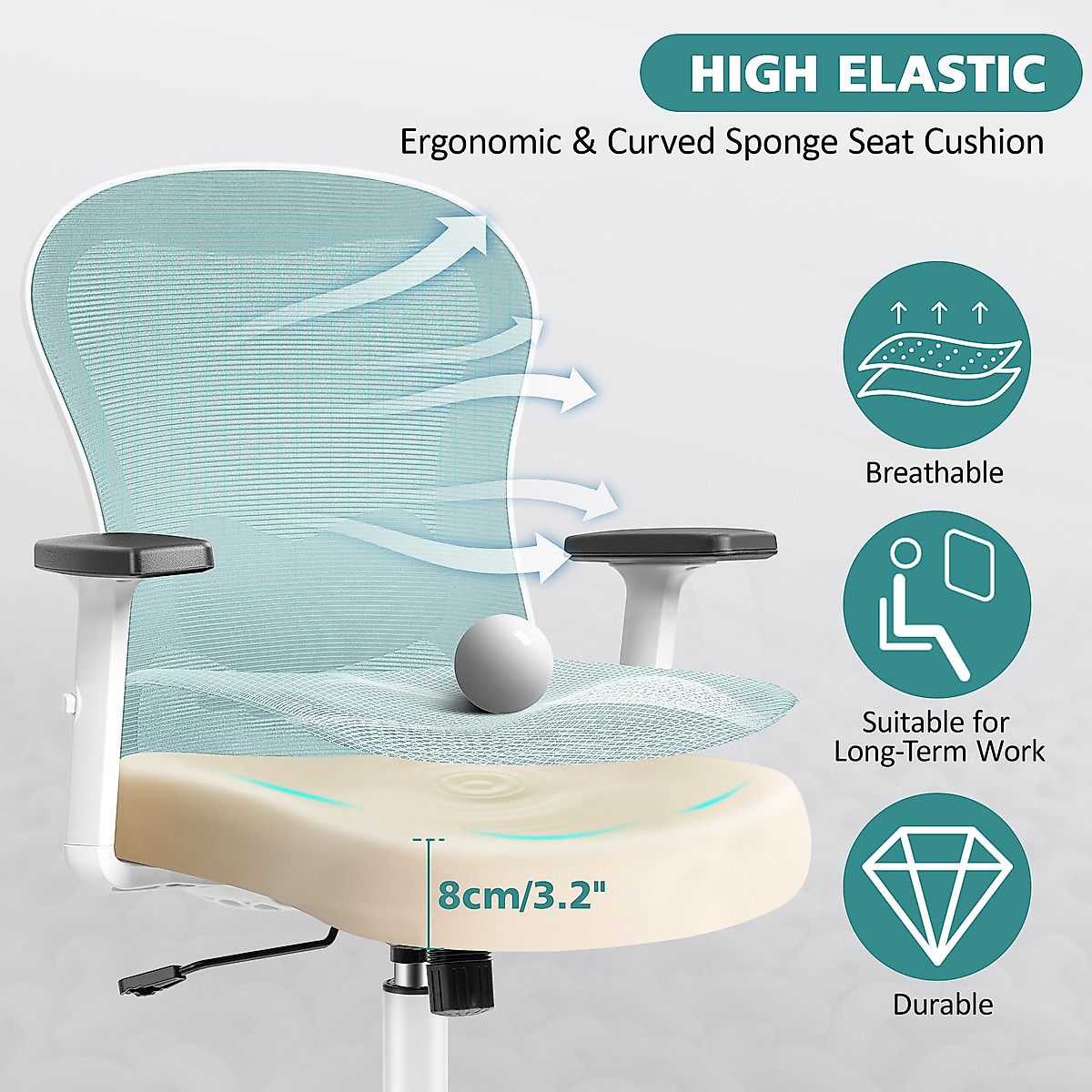 Primy Office Chair Ergonomic Computer Desk Chair, High Back Breathable Mesh Chair with Adjustable Lumbar Support 2D Armrests, Executive Rolling Swivel Comfy Task Chair with Wheels for Home Work Gaming