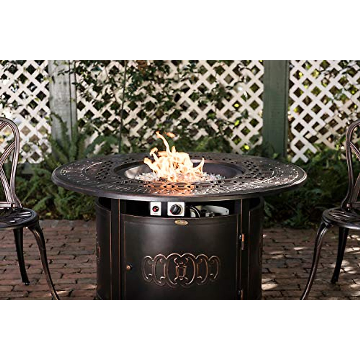 Fire Sense 62262 Dynasty Art Deco Aluminum Convertible Gas Fire Pit Table 55,000 BTU Multi-Functional Outdoor with Fire Bowl Lid, Nylon Weather Cover & Clear Fire Glass - Bronze Finish - Round - 44"