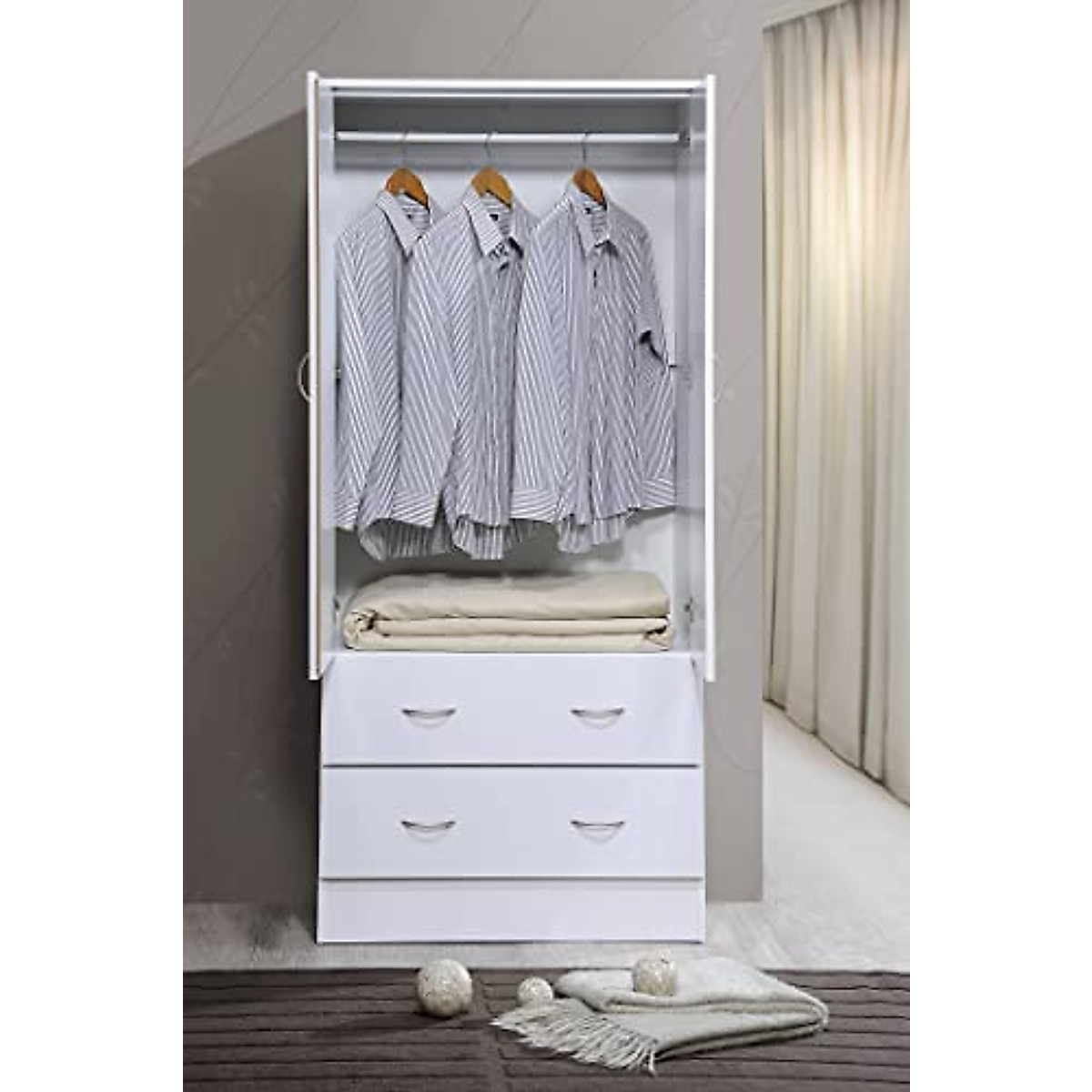 HODEDAH IMPORT Two Door Wardrobe, with Two Drawers, and Hanging Rod, White.