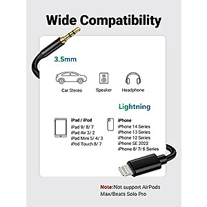 Lightning to 3.5mm Aux Cord, 3.3FT Weave Stereo Audio Cable for iPhone, Compatible with iPhone 14 13 12 11 XS XR X 8 7 6 iPad iPod for Car Home Stereo, Speaker, Headphone, Support All iOS Version