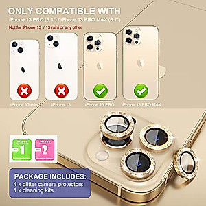 Choiche [3+1] for iPhone 13 Pro/iPhone 13 Pro Max Camera Lens Protector Bling, 9H Tempered Glass Camera Cover Screen Protector Metal Ring Decoration Accessories (Glitter-Gold)