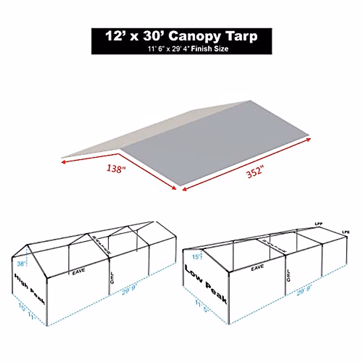Carport Canopy Cover 12' x 20' Cut Size, 11'6" x 19'6" Finish Size Heavy Duty Tarp Tent Roof White and Silver, Only Cover (Silver 12x20)