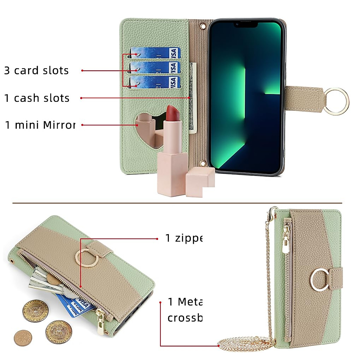 Arseaiy Wallet Case for VIVO V20 SE/Y70 2020 Flip Phone Case Cover with Crossbody Strap Magnetic Zipper Pocket Makeup Mirror PU Leather Shockproof with Kickstand Shell Green