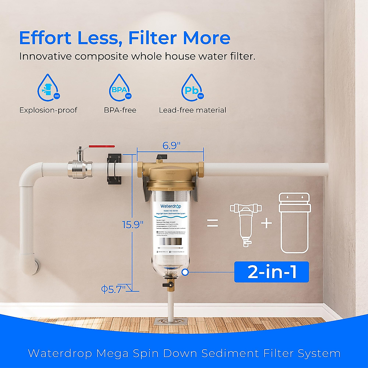Waterdrop Mega Spin Down Sediment Filter, Reusable Whole House Water Filter System, Backwash Sediment Water Filter Double System 100 Micron+5 Micron PP Filter, BPA Free, 1" MNPT + 3/4" FNPT