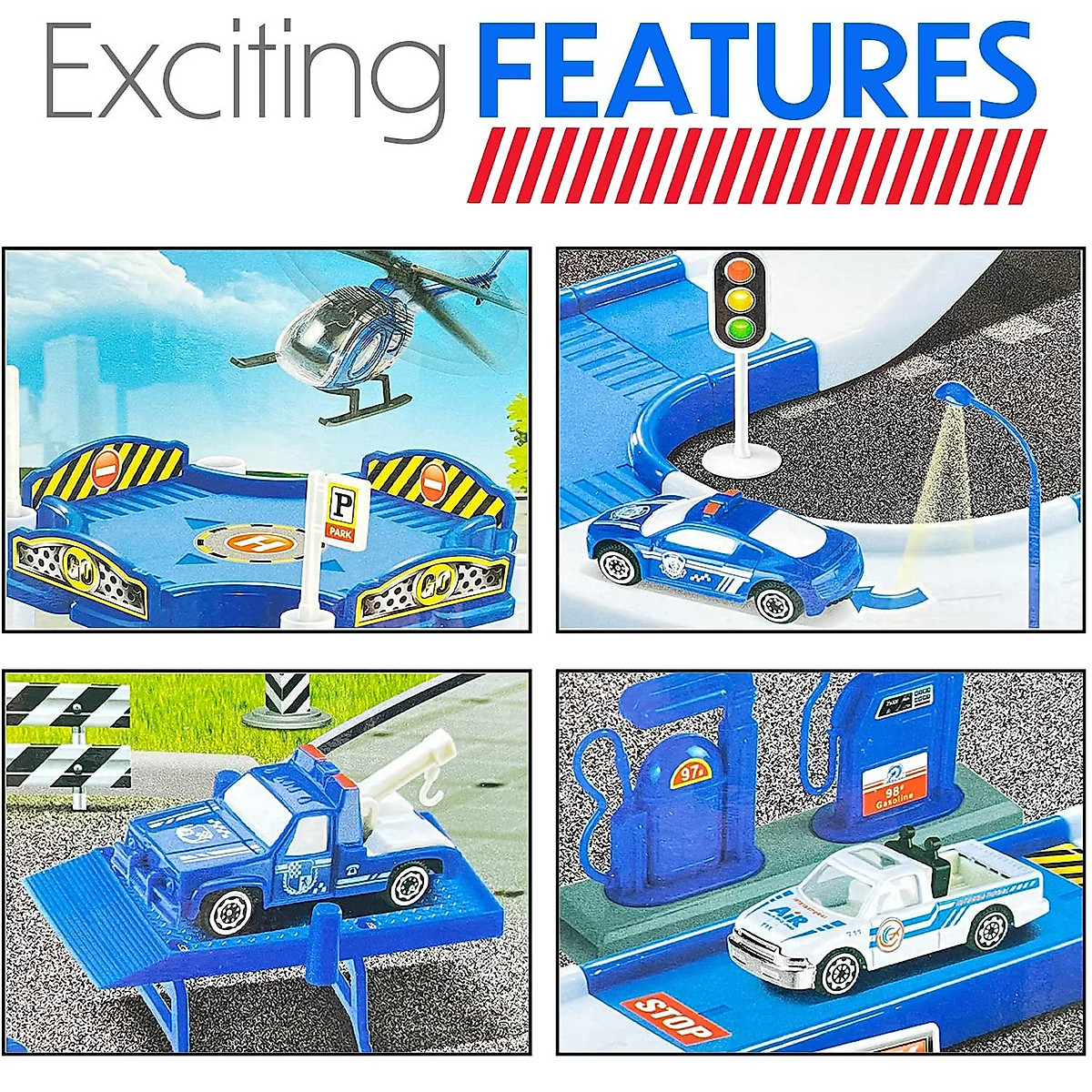 Diecast Police City Station Parking Garage - Police Car Toys for Boys with Track, Garage, 3 Police Car Toy Vehicles, 1 Helicopter