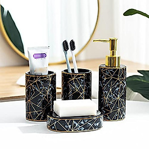 RUNLAIKEJI 4-Piece Ceramic Bthroom Accessories Set, Marbling Ceramic Bathroom Set Accessories, Home Bathroom Counter Set with Soap Dispenser, Soap Dish, 2 Mouthwash Cups, Home Decor Accessories