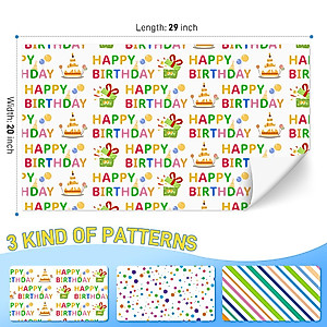 Isaspire Birthday Wrapping Paper Folder Set - 12 Sheets, 20x29 Inch Each, Adorned with Polka Dots, Stripes & 'Birthday' Charms for Boys, Girls, Women, Men, Ideal Gift Wrap for Holiday Birthday Party