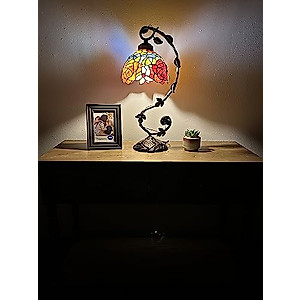 Enjoy Tiffany Style Table Lamp Stained Glass Rose Flowers Iron Metal Leaves Bronze Base Vintage for Living Room Dining Room Bedroom Bedside Office Hotel H21*W11 in