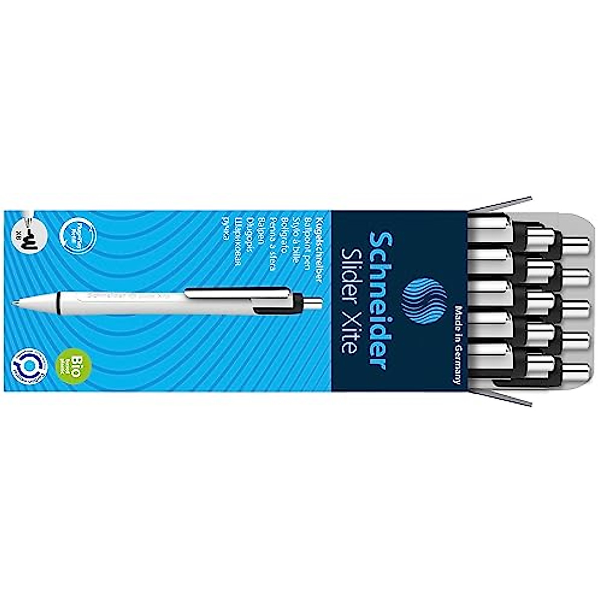 Schneider Slider Xite XB (Extra Broad) Ballpoint Pen, Refillable + Retractable, 1.4 mm, White Barrel w/Blue Accents, Black Ink, Box of 10 Pens (133201)