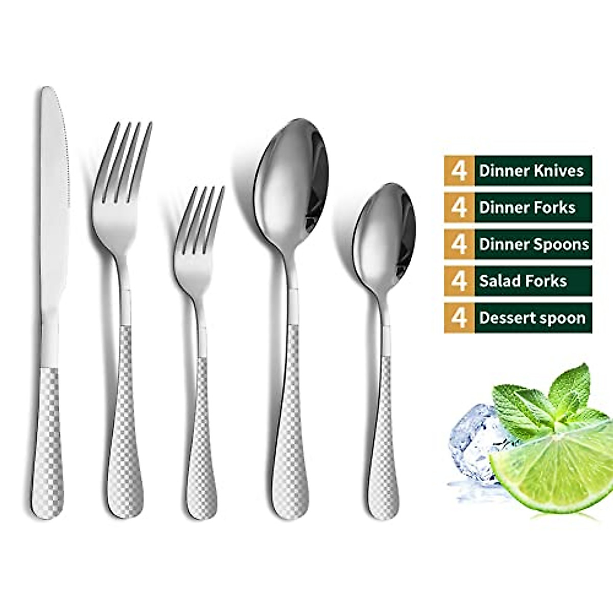 CREATIVE HOBBIES 20-Piece Silverware Set For 5,Checkered Pattern Mirror Finish Smooth Stainless Steel Fork Spoon Set Silverware Flatware Cutlery Set Include Knife/Fork/Spoon,D