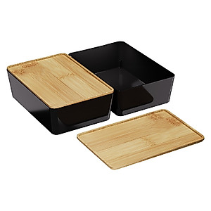 CHANCETSUI Stackable Storage Bins lids For Work: 7X10 Black Storage bins, Office Desk Accessories Storage Containers with Lids, Stackable Bins for Home and Office Organization, bamboo Lid, 2 Pack