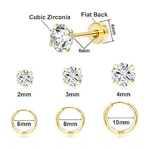 DAILI Women’s Earring Sets for Multiple Piercing: 14K Gold Plated Small Hoop Earrings Tiny Flat Back Stud Earrings for Cartilage Helix Hypoallergenic Set of 6 Pairs (Gold)