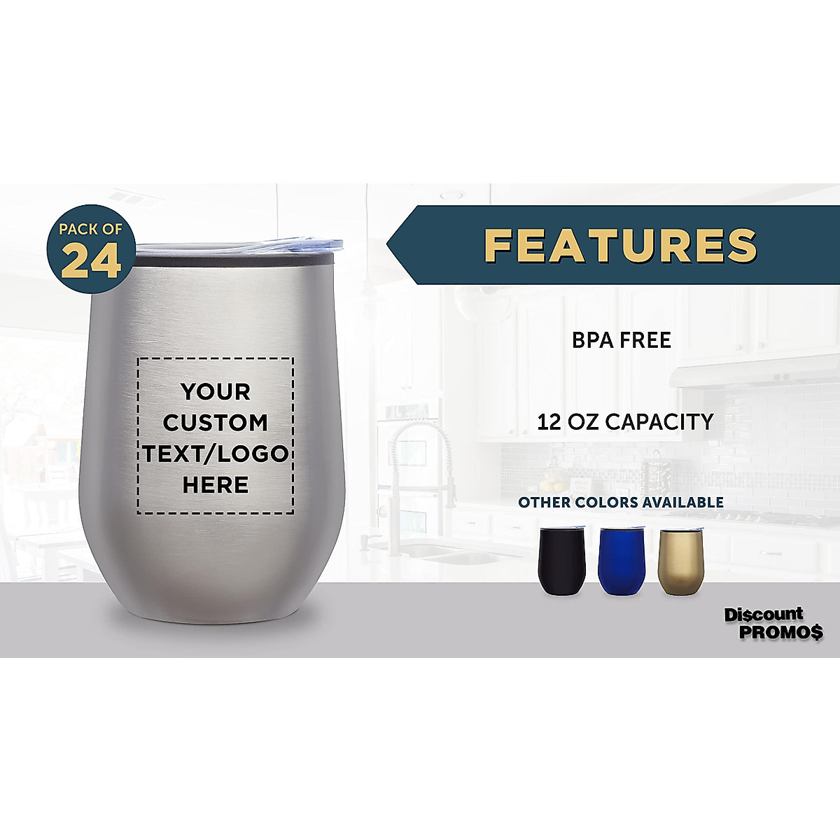 Custom Stemless Wine Tumblers 12 oz. Set of 24, Personalized Bulk Pack - Insulated, Perfect for Wine, Cocktails, Other Hot & Cold Beverages - Silver