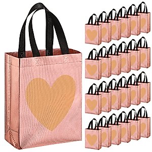 24 Pcs Christmas Heart Gift Bags with Shiny Gold Heart Print Non Woven Reusable Gift Bags for Wedding Bridesmaid Birthdays Bridal Showers Engagements Anniversaries 8 x 4 x 10 Inch (Rose Gold, Gold)