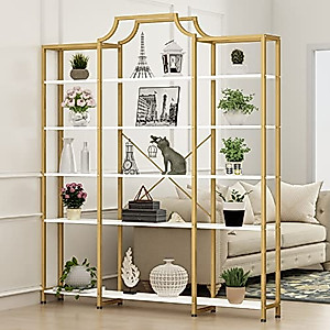 Auromie Triple Wide 5-Tier Bookshelf, 70.87" L x 79.13" H Extra Large Gold Bookcase, Tall Display Shelf with Metal Frame, Freestanding Etagere Storage Display Shelf for Home Office, White Gold
