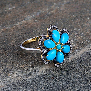 Shweta Creations Handmade Natural Diamond Ring,Diamond Flower Ring With 0.2 Carat Brown Natural Diamond (I2-I3 Clarity) And 2 cts. Blue Soothing Turquoise For Women Gifts On Birthday Anniversary