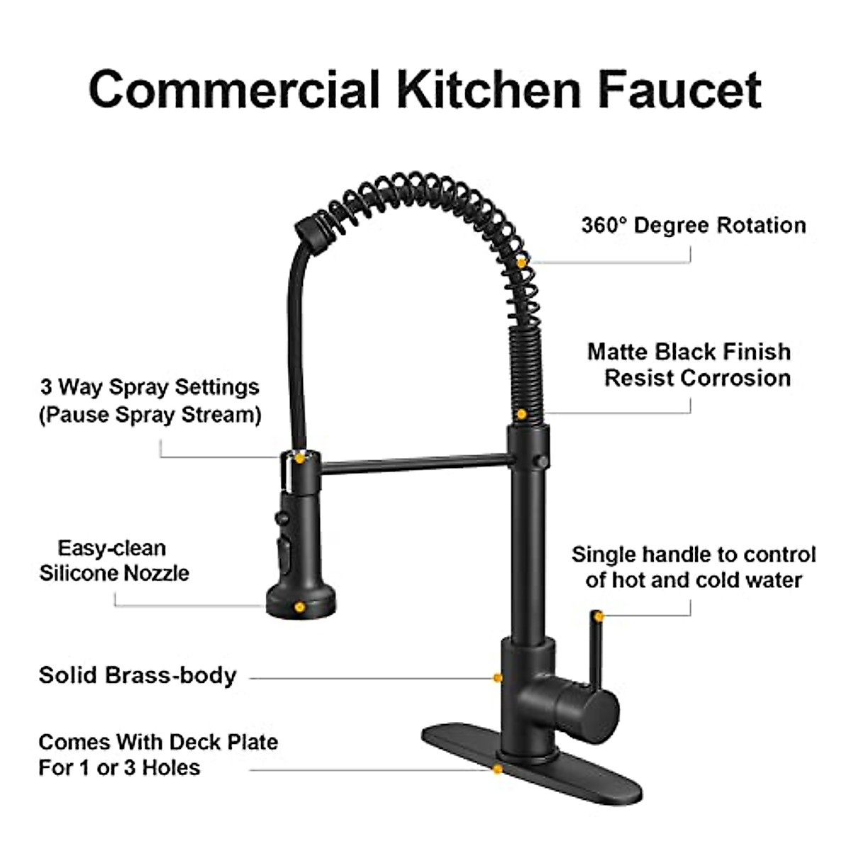 BESy Kitchen Faucet with Pull Out Pull Down Sprayer, Rv Brass High-Arc Single Handle Single Lever Spring Kitchen Sink Faucet, 3 Function Laundry Faucet, Matte Black Finish