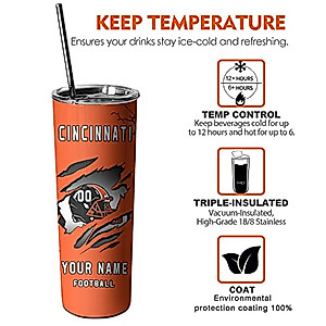 20oz Customs Football City Tumbler with Lid and Straws, Personalized Football GIfts for Fans, Travel Cup Adds Your Name and Number