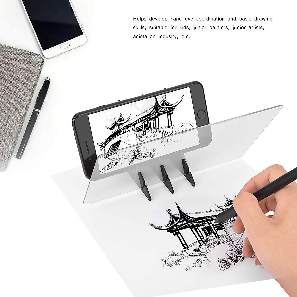 Drawing Projector, Drawing Board, IP65 Stencil Board Light Box Tracing Drawing Board Art Drawing Supplies Sketch Mirror Reflection Phone Dimming with 5 Brackets
