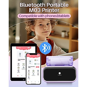 Phomemo M03 Mini Printer, Bluetooth Thermal Printer Mobile Portable Printer for Smartphones, Compatible with 53mm/80mm Thermal Paper, Great for memo,Photo & Notes, Purple