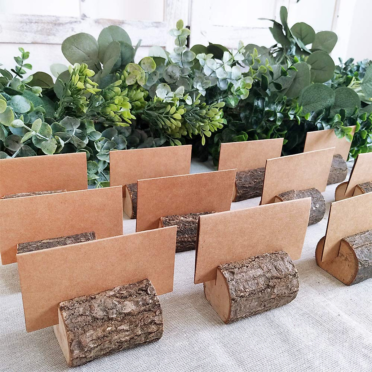 Supla 20 Pcs Rustic Wood Place Card Holders Wooden Table Numbers Holder Stand Wooden Bark Memo Holder Card Photo Picture Note Clip Holders and Kraft Place Cards Bulk Wedding Party Table Number Sign