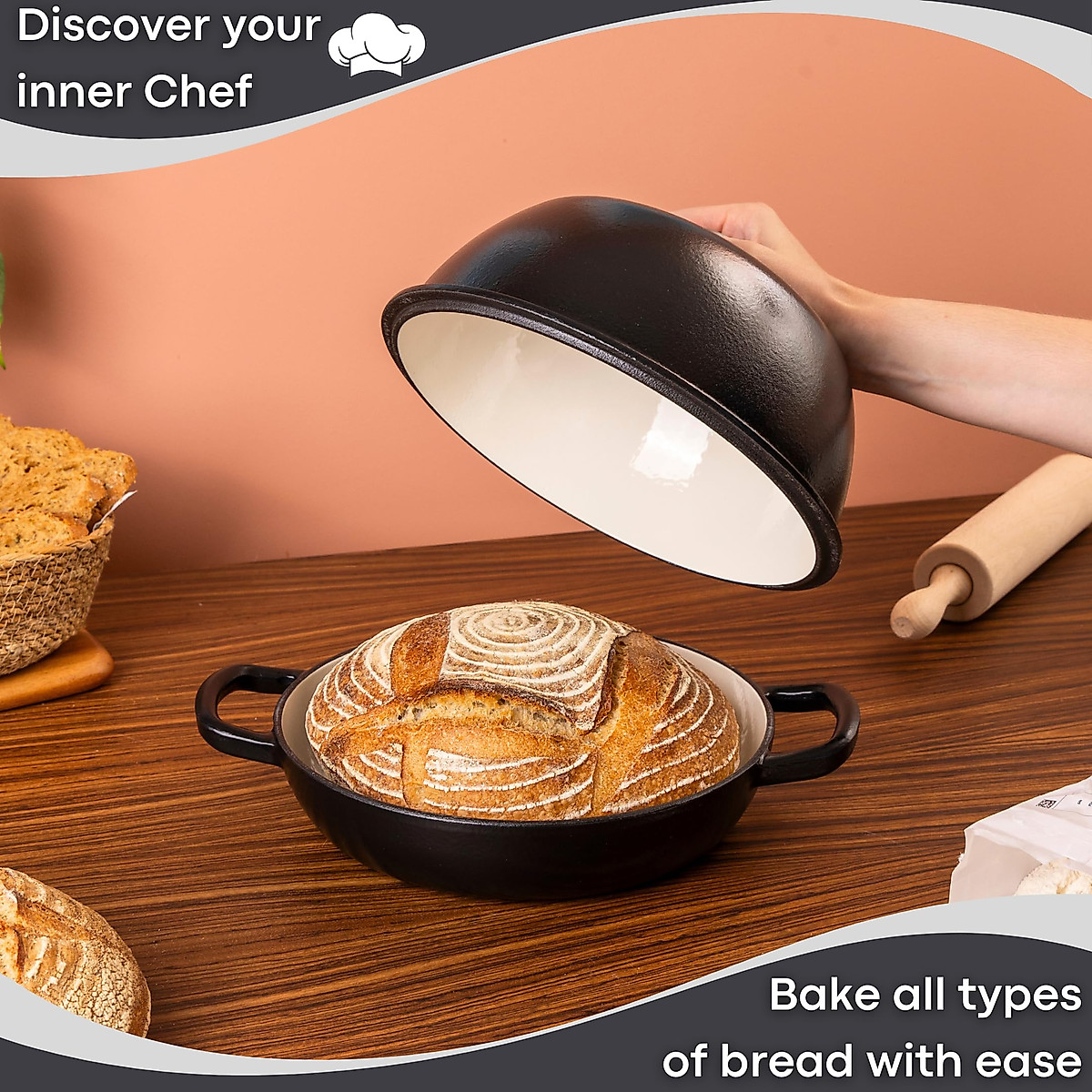 Enamelled Cast Iron Dutch Oven Pot – Dutch Oven For Sourdough Bread Baking – Cast Iron Bread Pot – Red, 6 Quarts, 22cm – by Nuovva