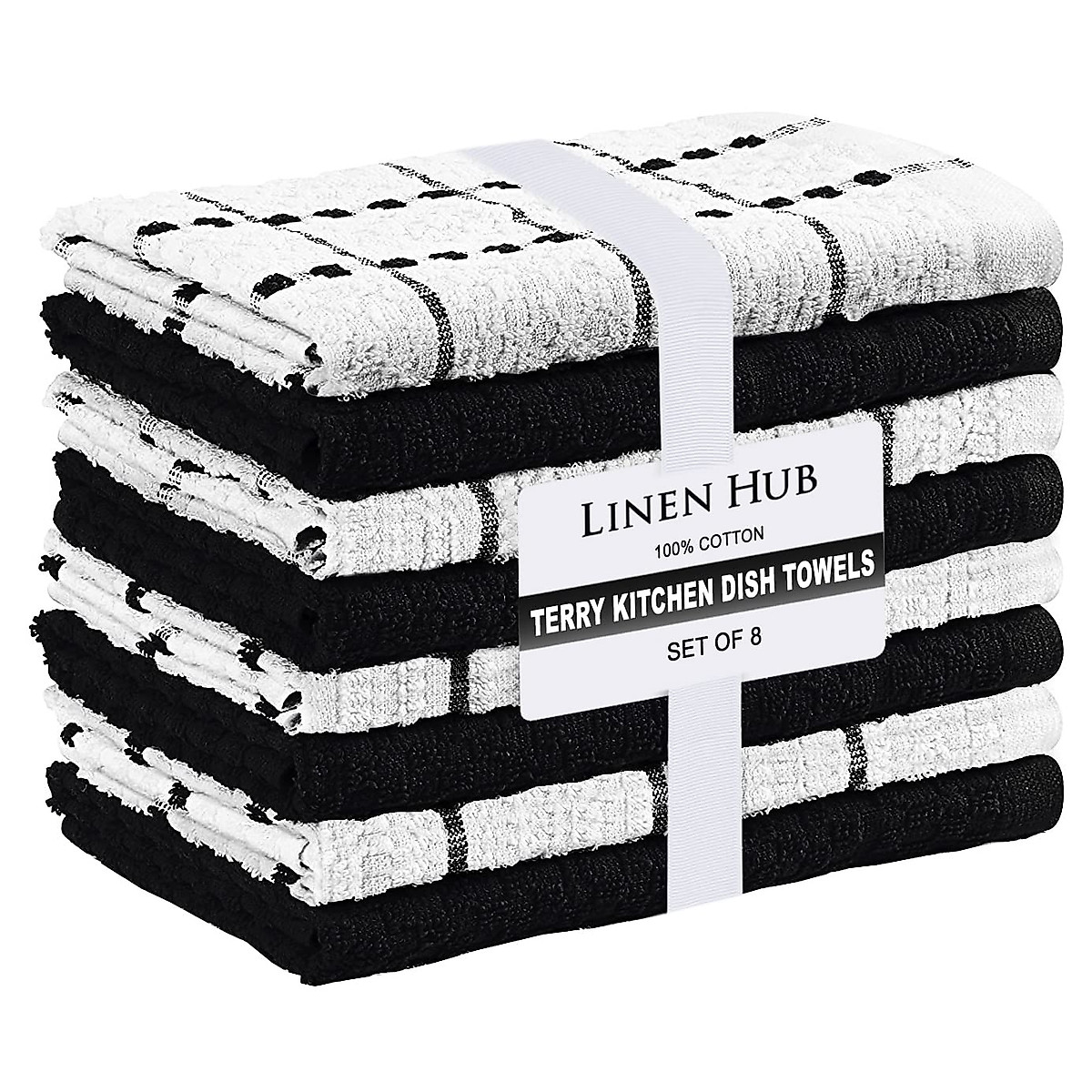 Linen Hub Terry Kitchen Dish Towels for Drying Dishes Set of 8, Soft Absorbent Tea Towel, Farmhouse Kitchen Towels with Hanging Loop, 100% Cotton Kitchen Towels for Easter, Christmas 15x25 Black White