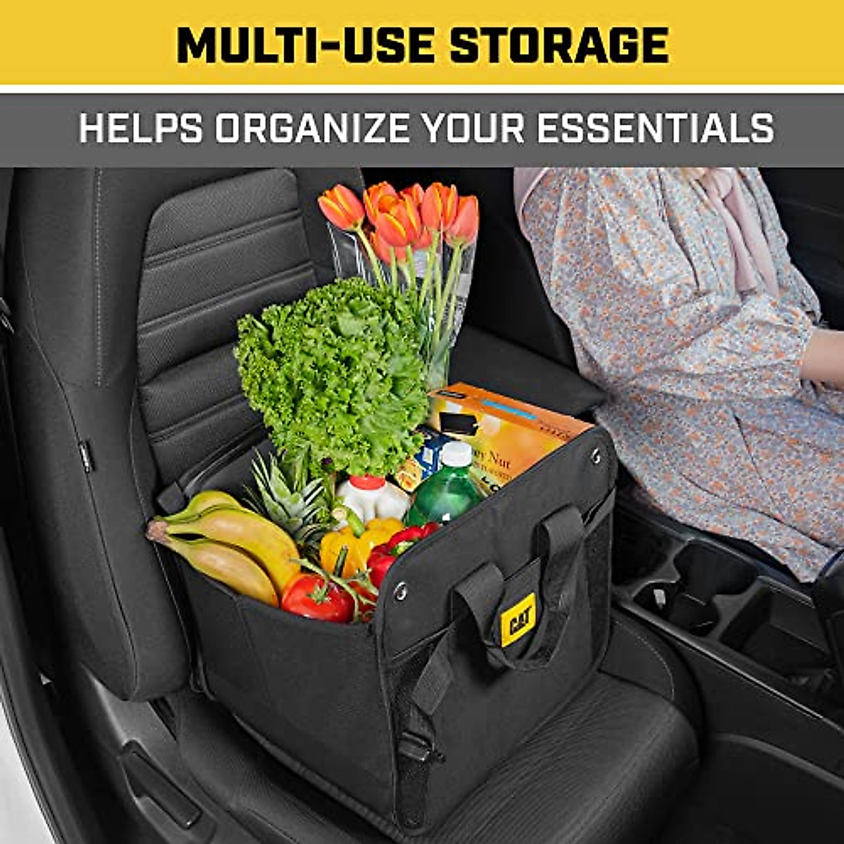 CAT® FlexTrunk Car Trunk Organizer Storage - Collapsible Dual-Compartment Automotive Adjustable Pockets Expandable Sturdy Multipurpose Folding Cargo Store for Auto Backseat, Black (CATO-201)